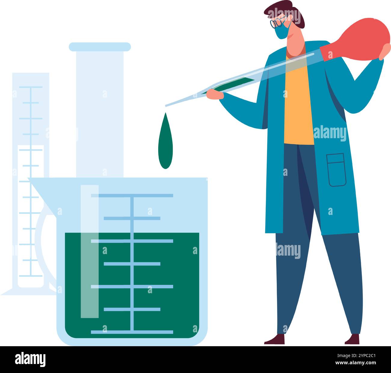 Scientist wearing a lab coat and face mask uses a pipette to add ...