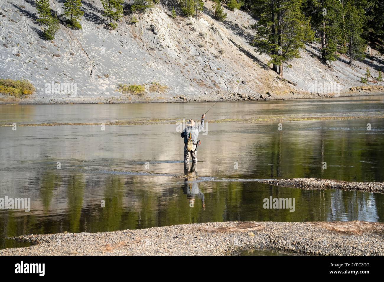 a fly fisherman in waders fishing in a blue water river Stock Photo - Alamy