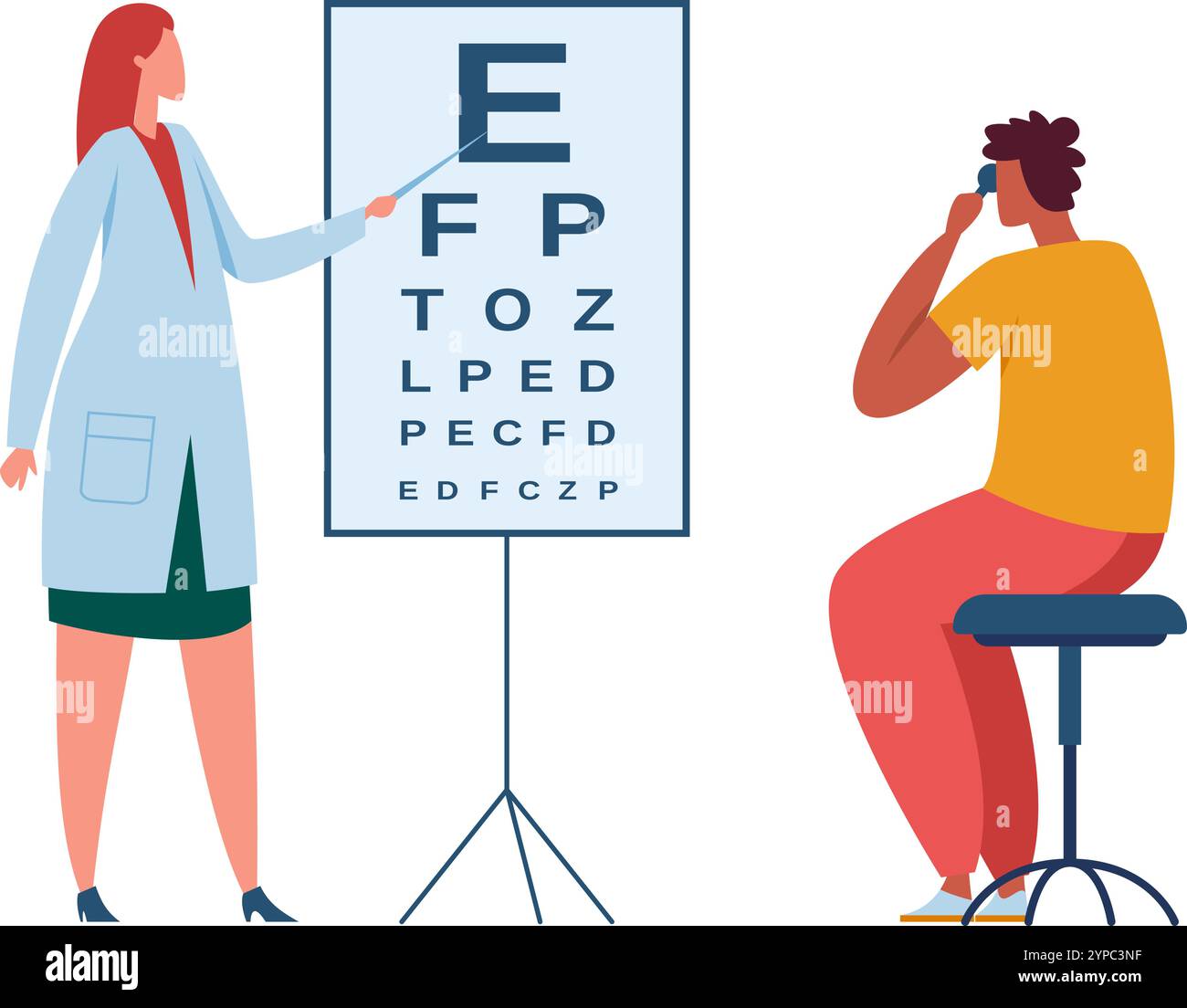 Doctor giving an eye exam to a patient in a clinic, using an eye chart ...