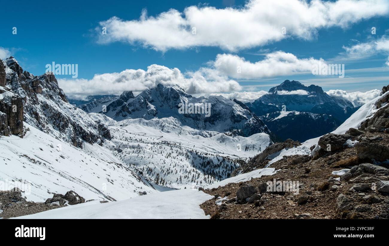 Sweeping snow-covered peaks of the Dolomites paint a panoramic picture ...