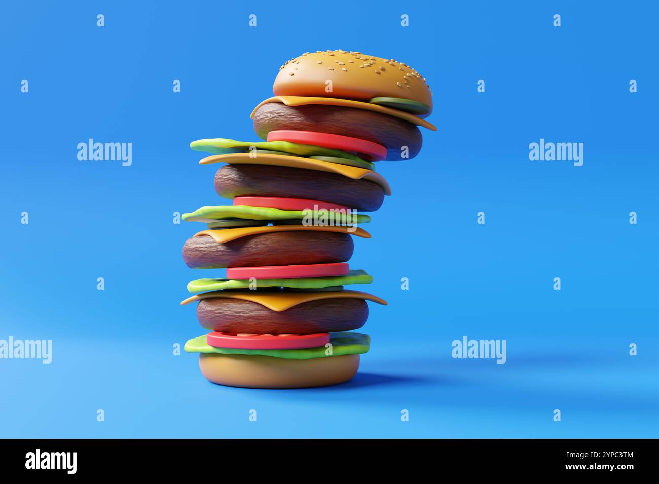 Cartoon tall burger with multiple layers of patties, cheese, lettuce ...