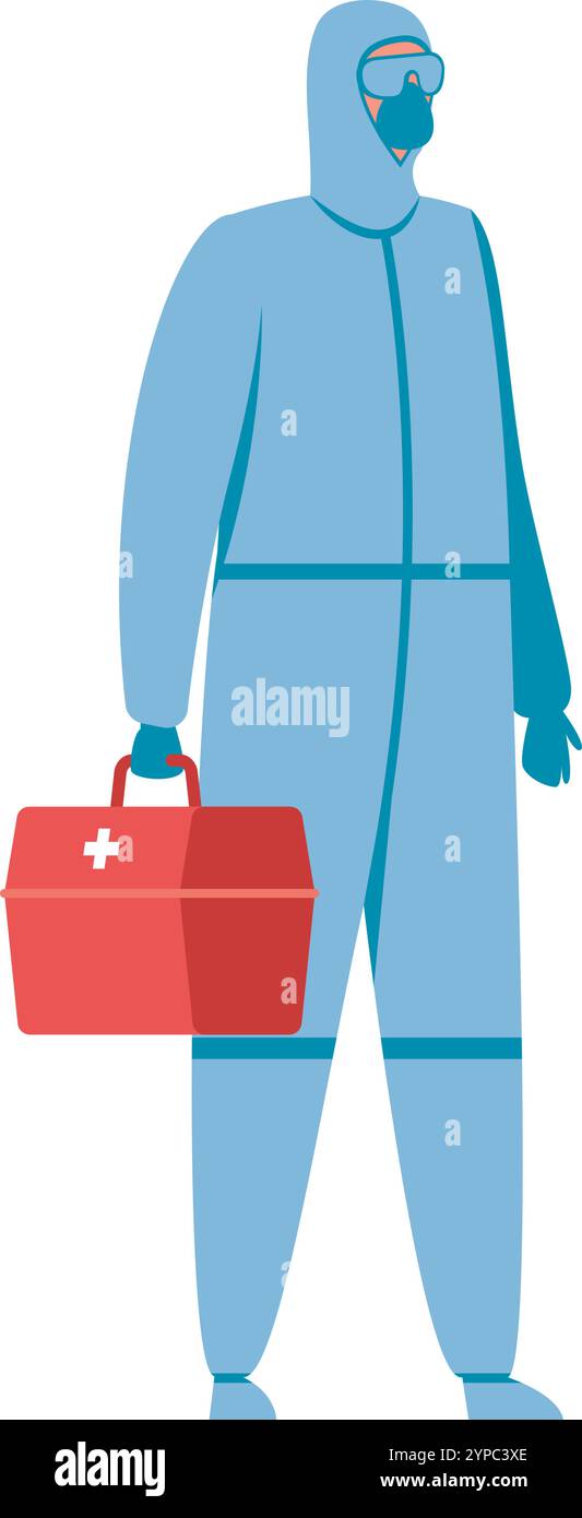 Paramedic is wearing personal protective equipment and holding a first ...