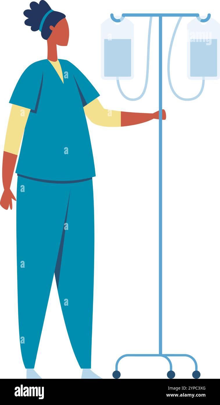 Nurse carefully adjusts iv therapy equipment in a hospital to treat a ...