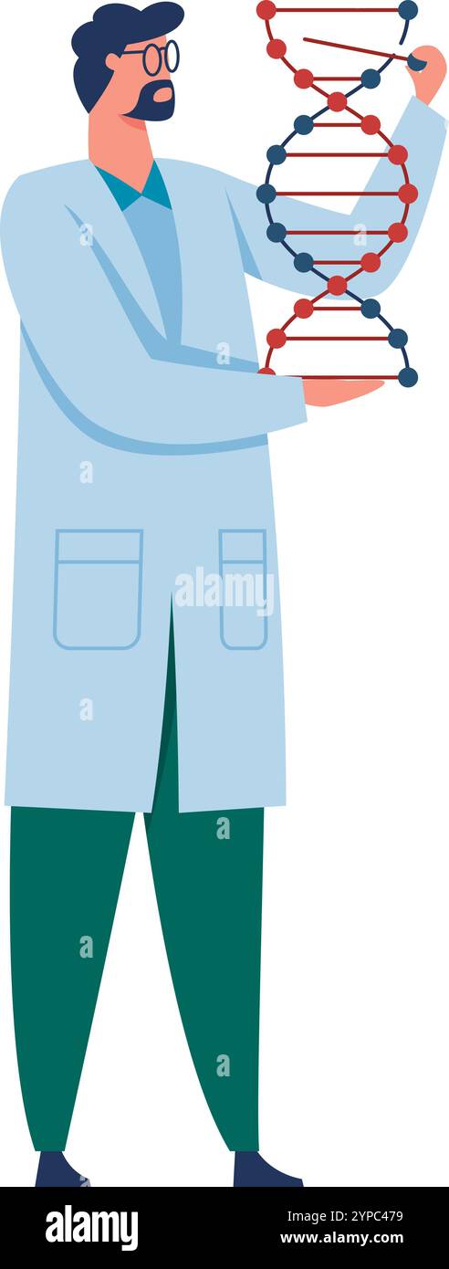 Scientist in a lab coat is carefully examining a large dna double helix ...