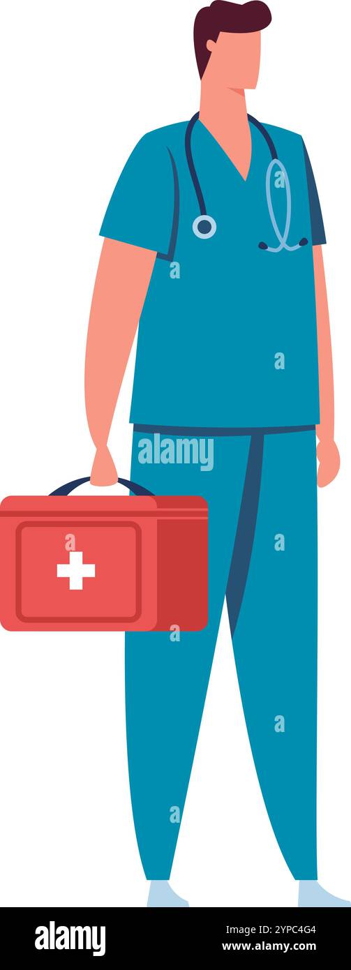 Male paramedic in blue scrubs holds a red first aid kit, ready to offer ...