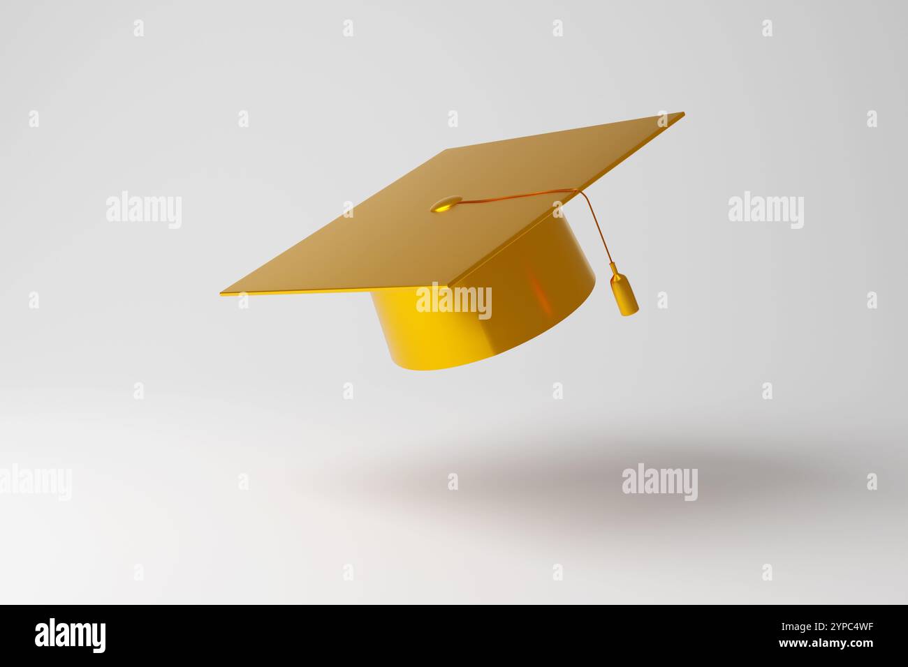 Golden graduation hat floating in mid air on white background in ...