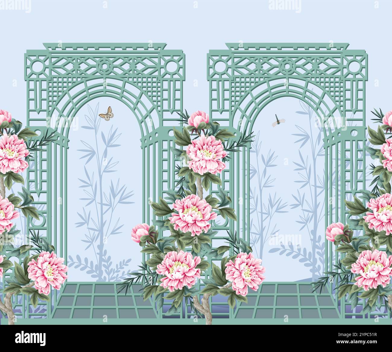 Seamless border with alcove and peonies in chinoiserie style. Vector ...