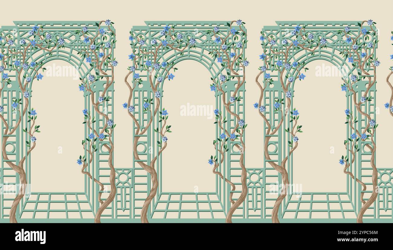 Alcove and trees with flowers in chinoiserie style. Vector Stock Vector ...
