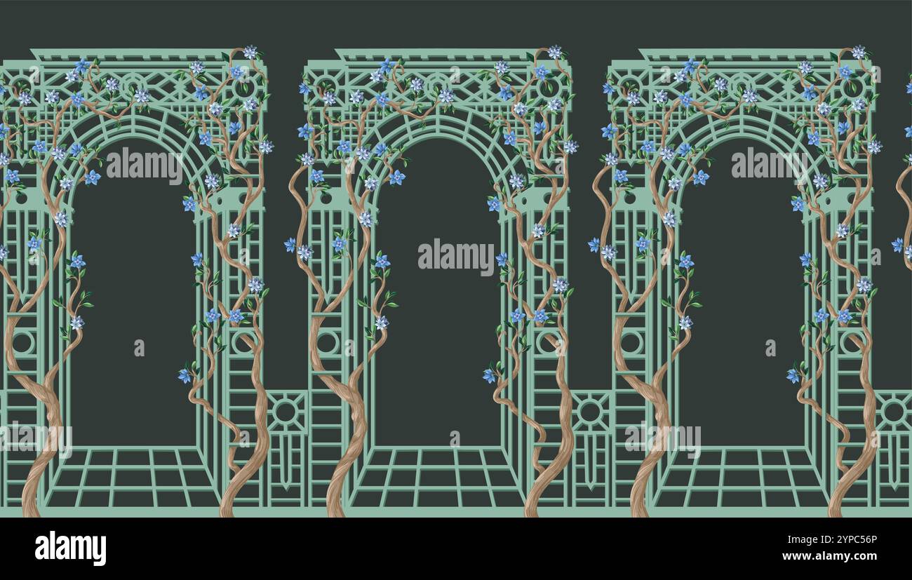 Alcove and trees with flowers in chinoiserie style. Vector Stock Vector ...