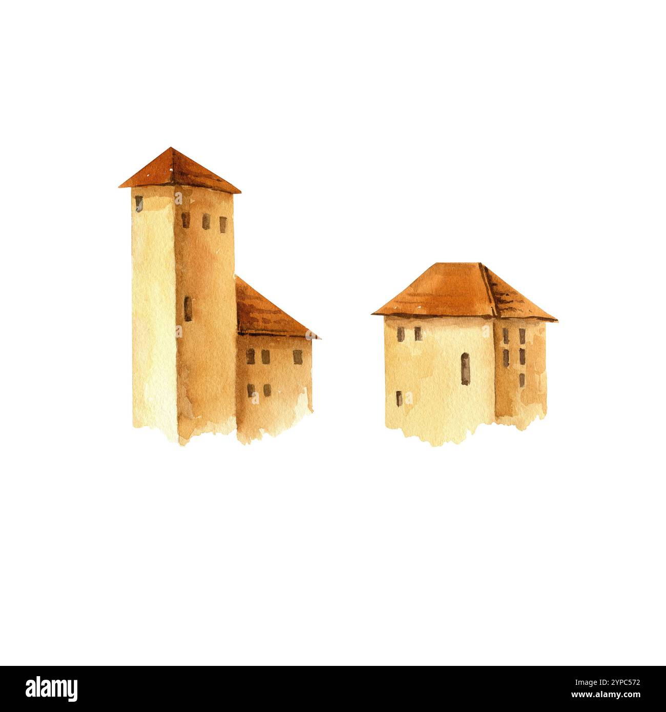 watercolor set of different old cozy Mediterranean farm houses with red tiled roof and tower ...