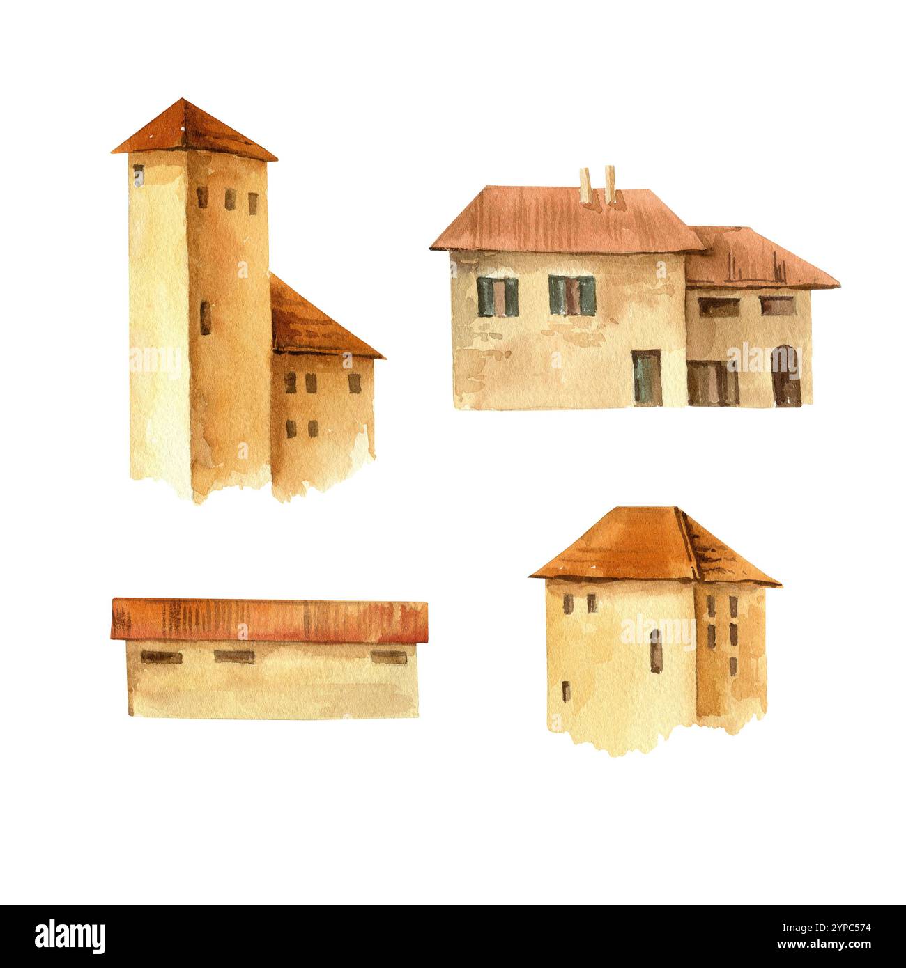 watercolor set of different old cozy Mediterranean farm houses with red tiled roof, hand drawn ...