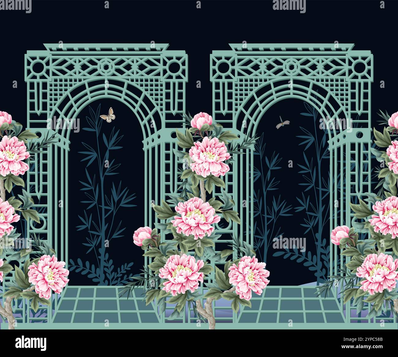 Seamless border with alcove and peonies in chinoiserie style. Vector ...