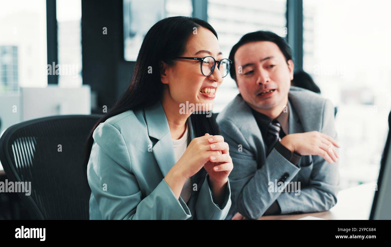 Japanese, business people and collaboration in office for feedback ...