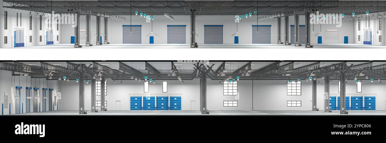 Empty industrial warehouse building interior cross section showing ...