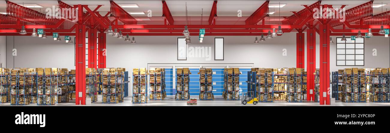Large industrial warehouse interior with rows of shelves full of ...