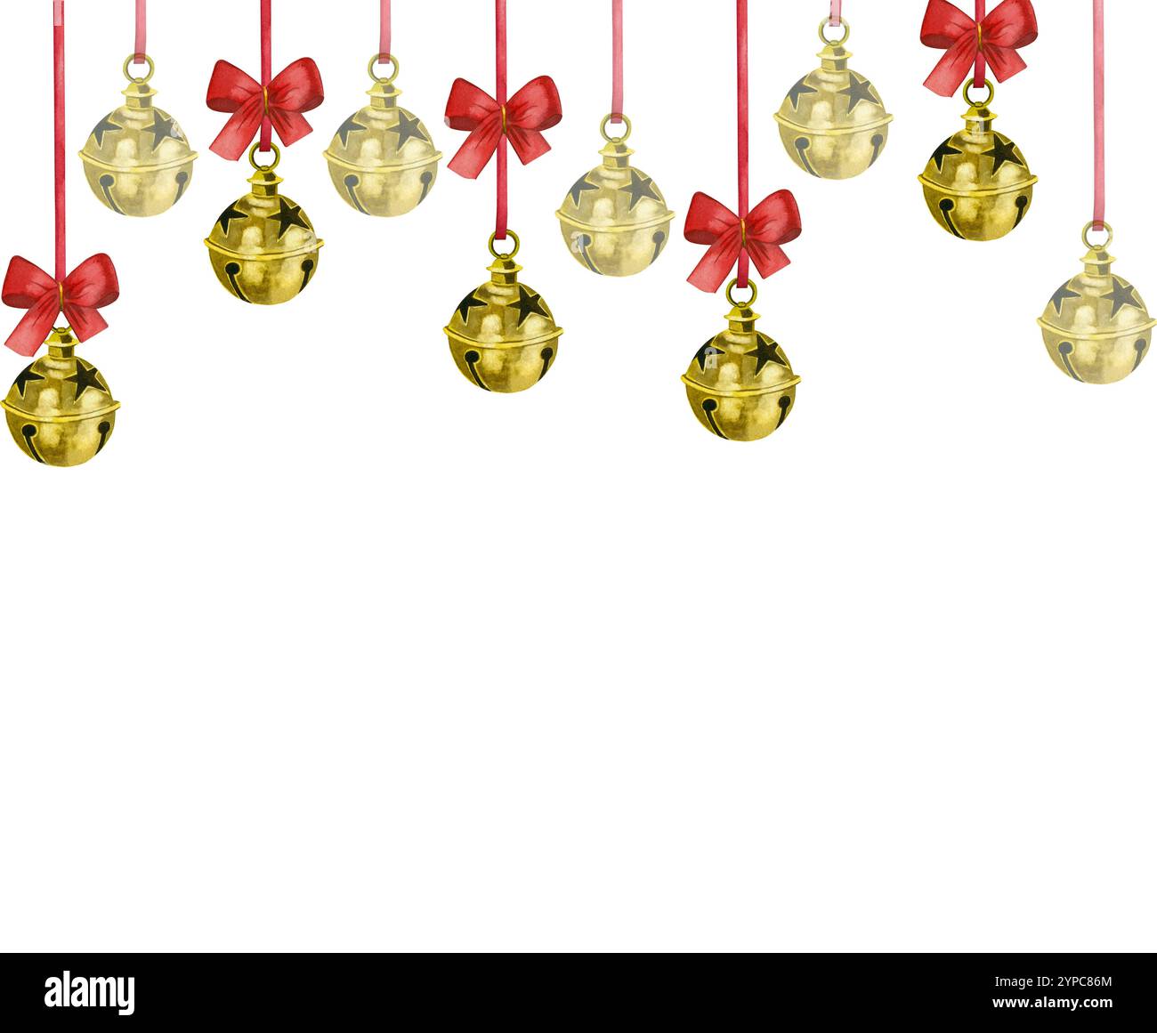 Golden bells with red ribbons and bows. All objects are hand-painted ...