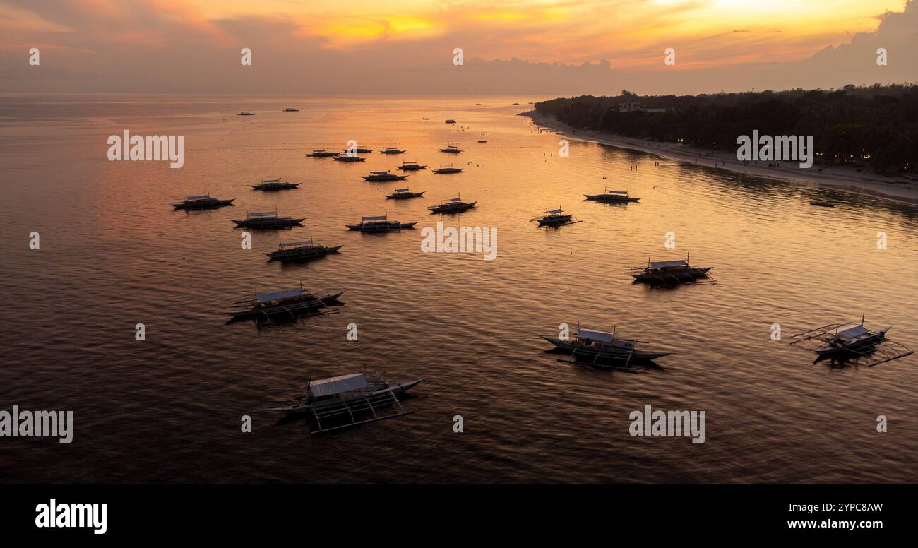 Aerial view of the beach with fishing boats in Bohol, Philippines Stock ...
