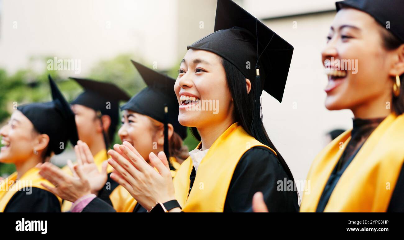 Excited, clapping and graduation for group, education and success for ...