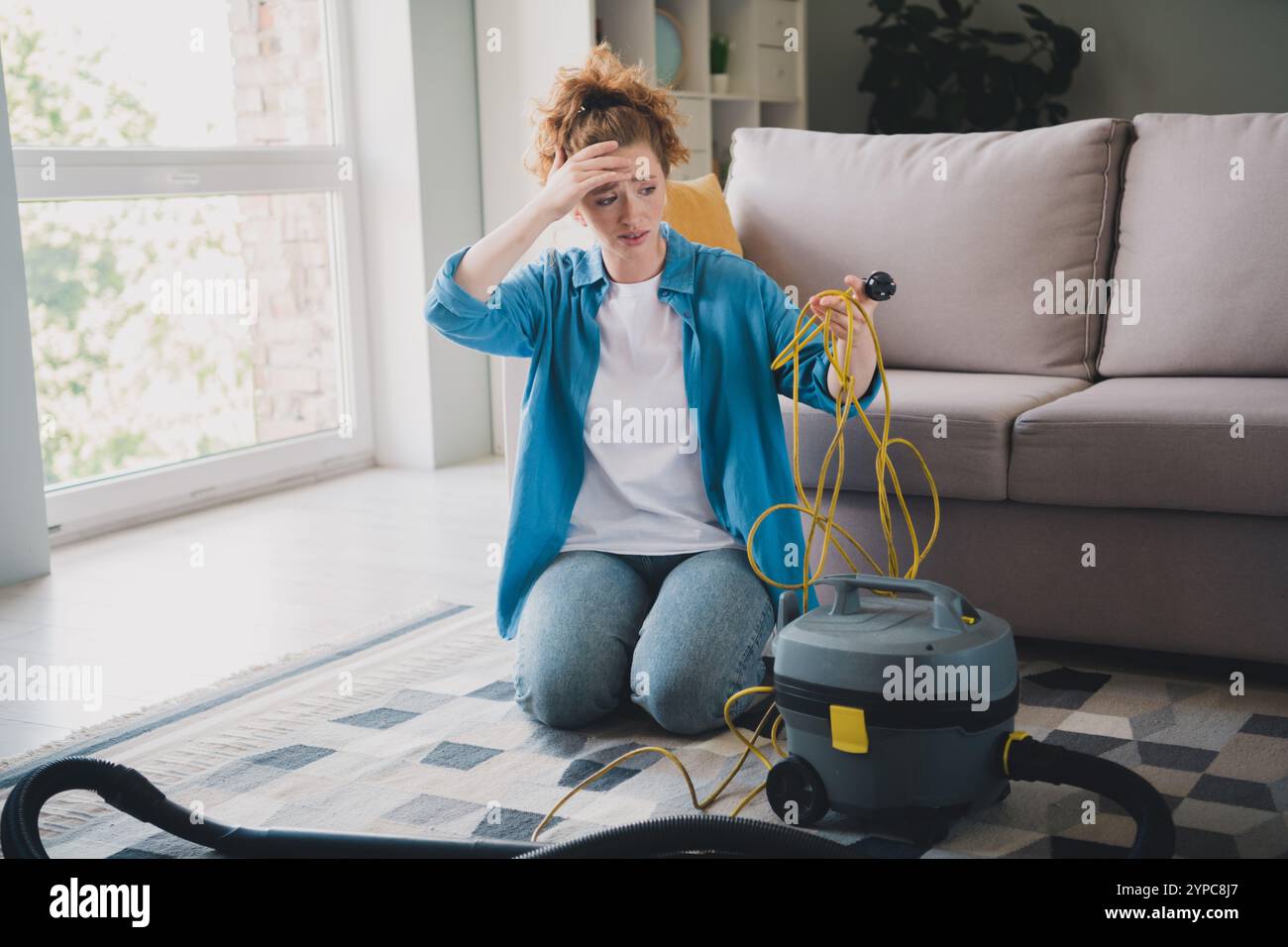 Full body photo of nice ginger young girl stressed repair vacuum ...