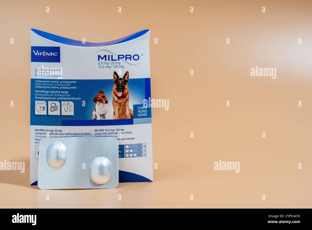 Germany Berlin November 29, 2024. A box of Milpro dog medication sits ...