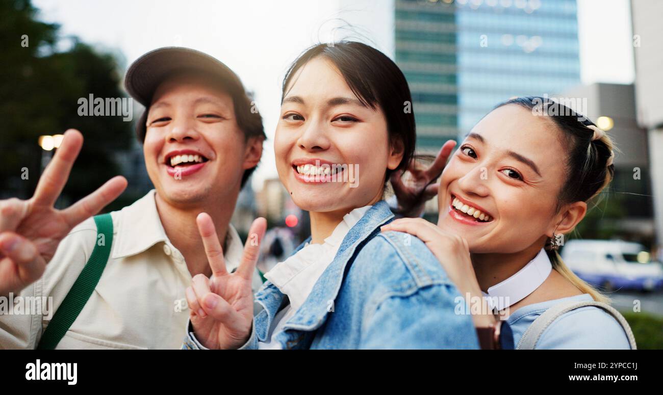 People, peace sign and selfie with portrait in city for photography ...