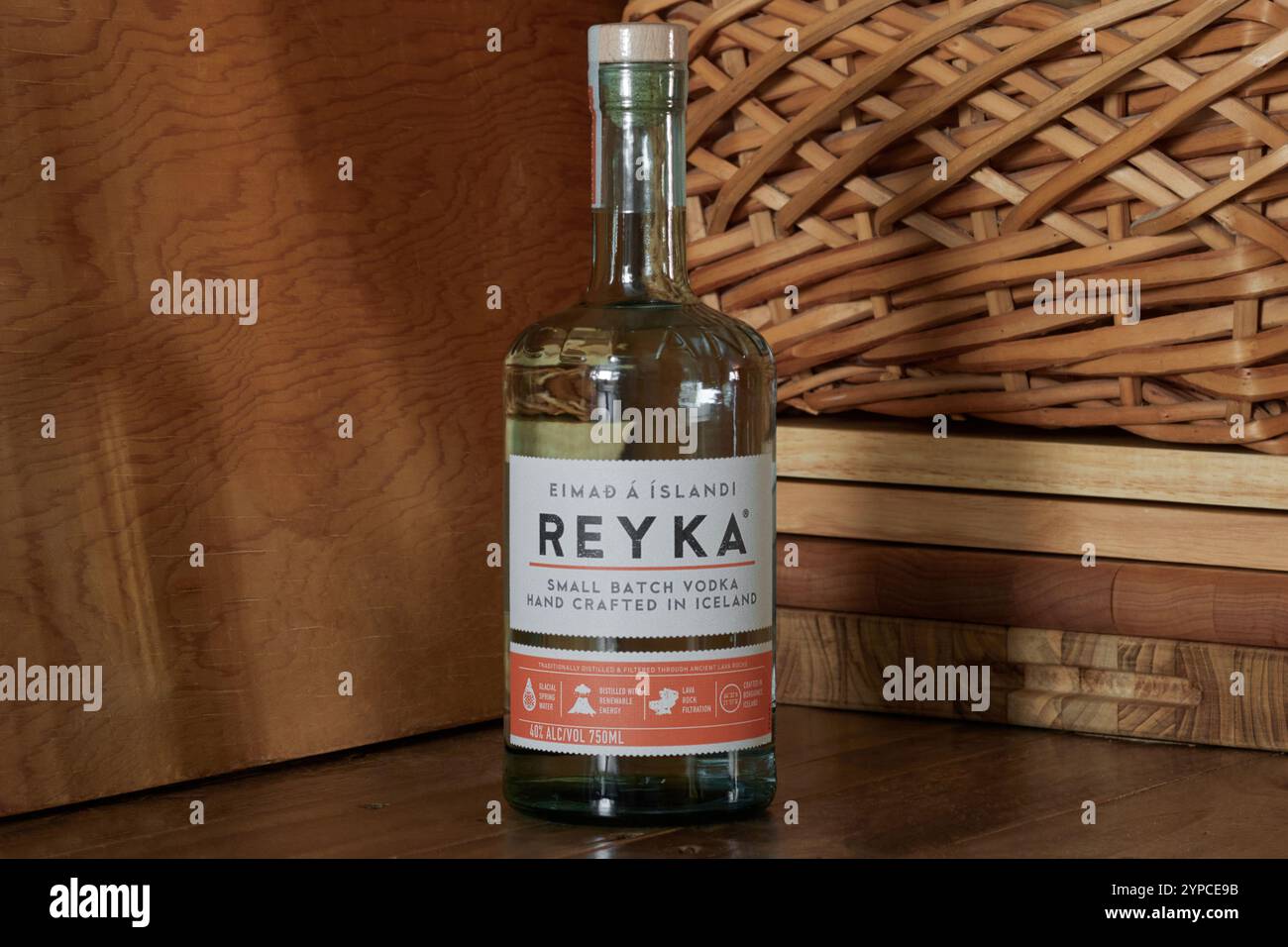 bottle of Reyka brand vodka, small batch, hand crafted in Iceland, on a ...