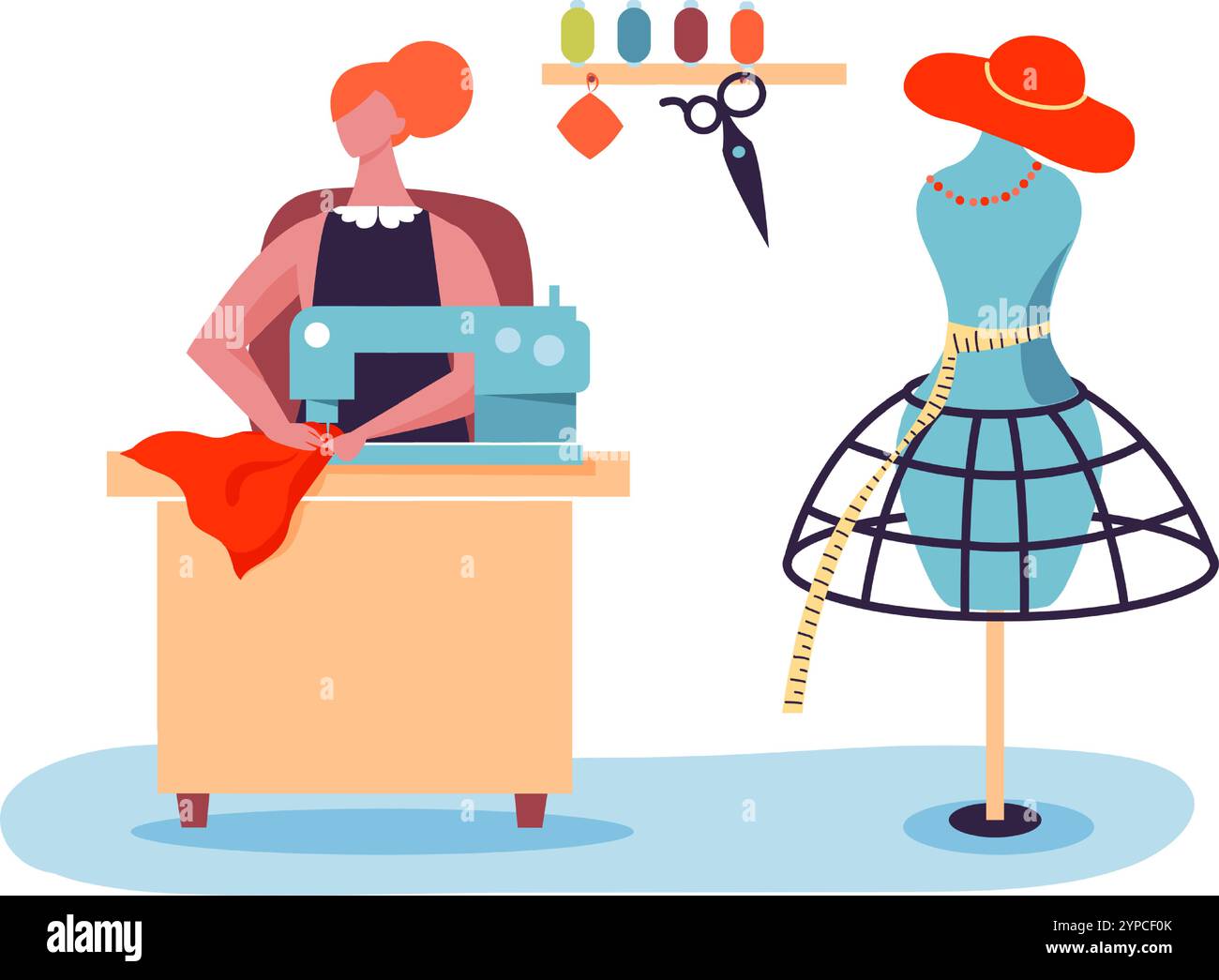 Seamstress is working on a sewing machine and creating clothes, with a ...