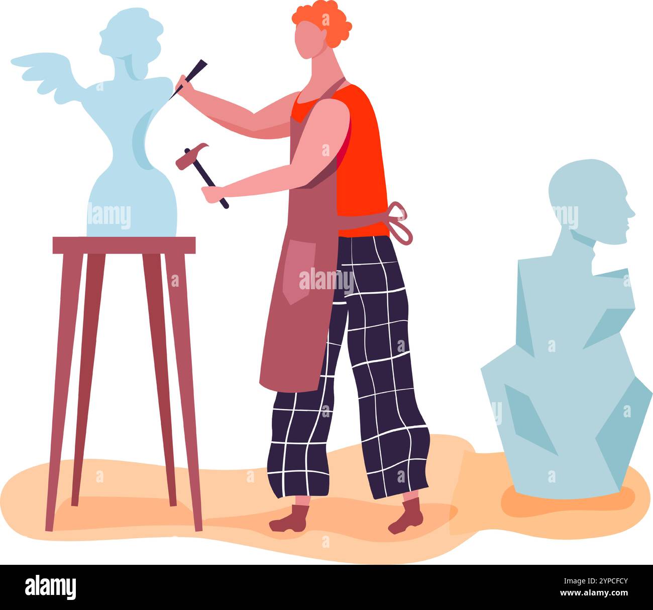 Sculptor wearing an apron using chisel and hammer, refining details of ...