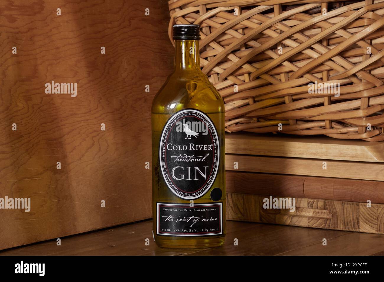 bottle of Cold RIver Traditional gin, produced in Maine, USA, on a ...