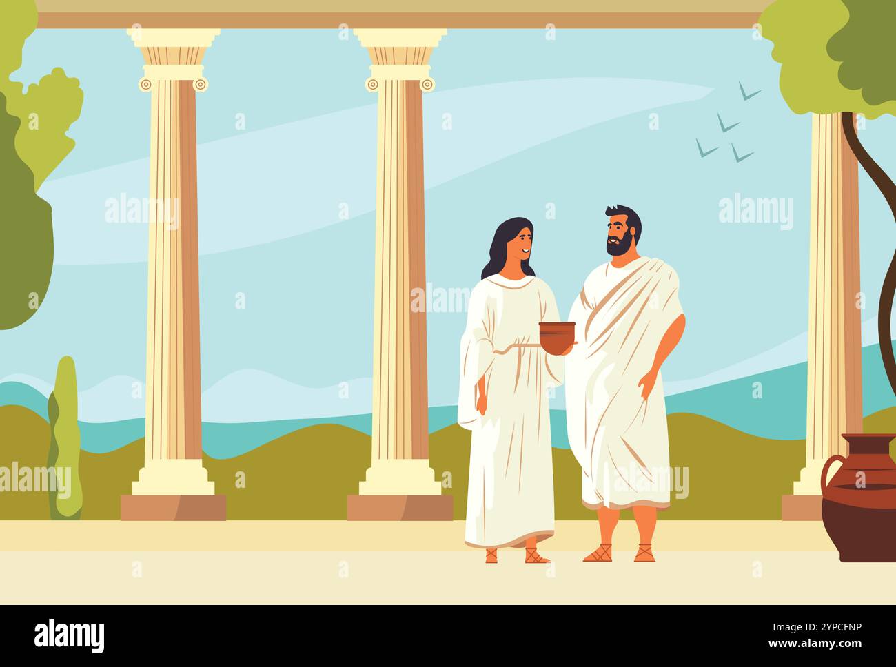 Two ancient Greek people standing and talking in athens garden ...