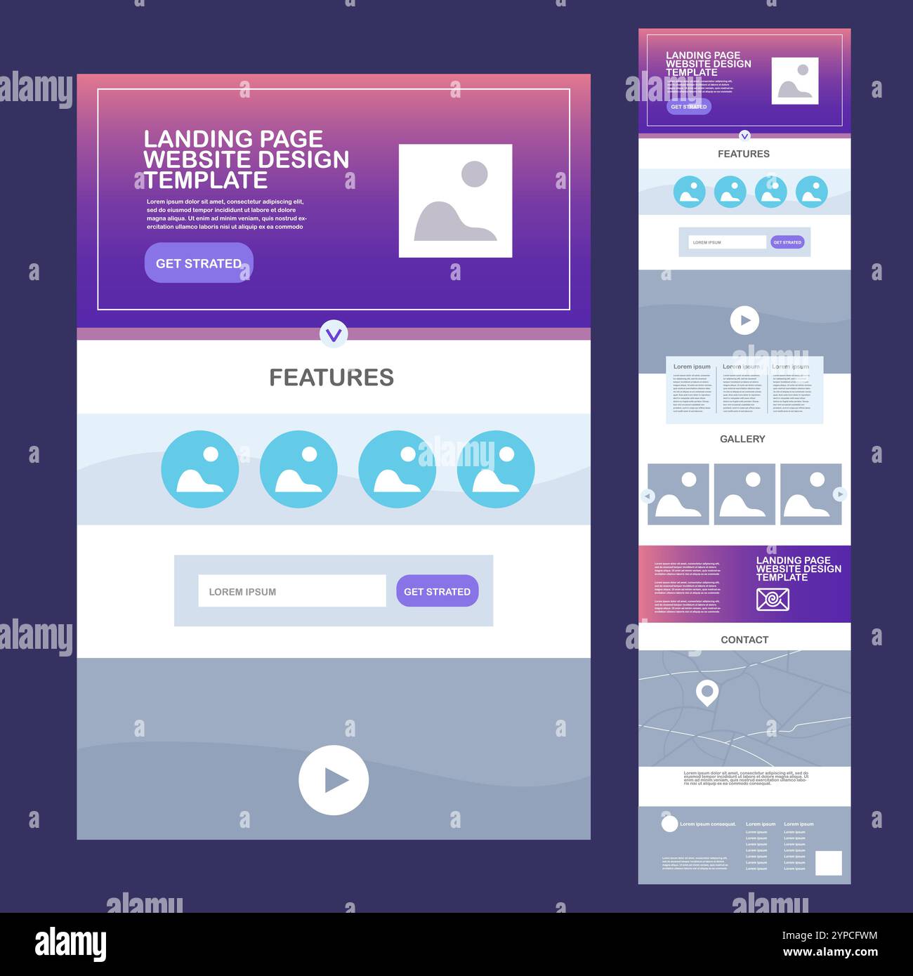 Website landing template page with a features section and a form for ...