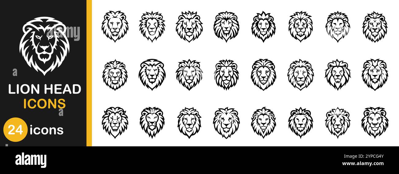 Lion head icon set. Strong zoo mammal emblem collection. Black sign ...
