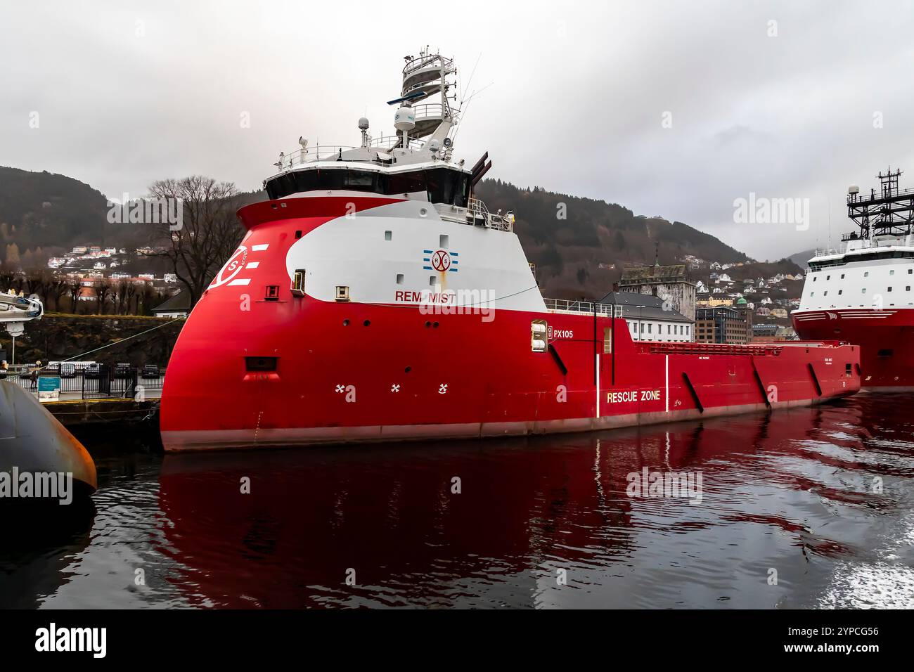 PSV offshore platform supply vessel Rem Mist berthed at Festningskaien in port of Bergen, Norway ...