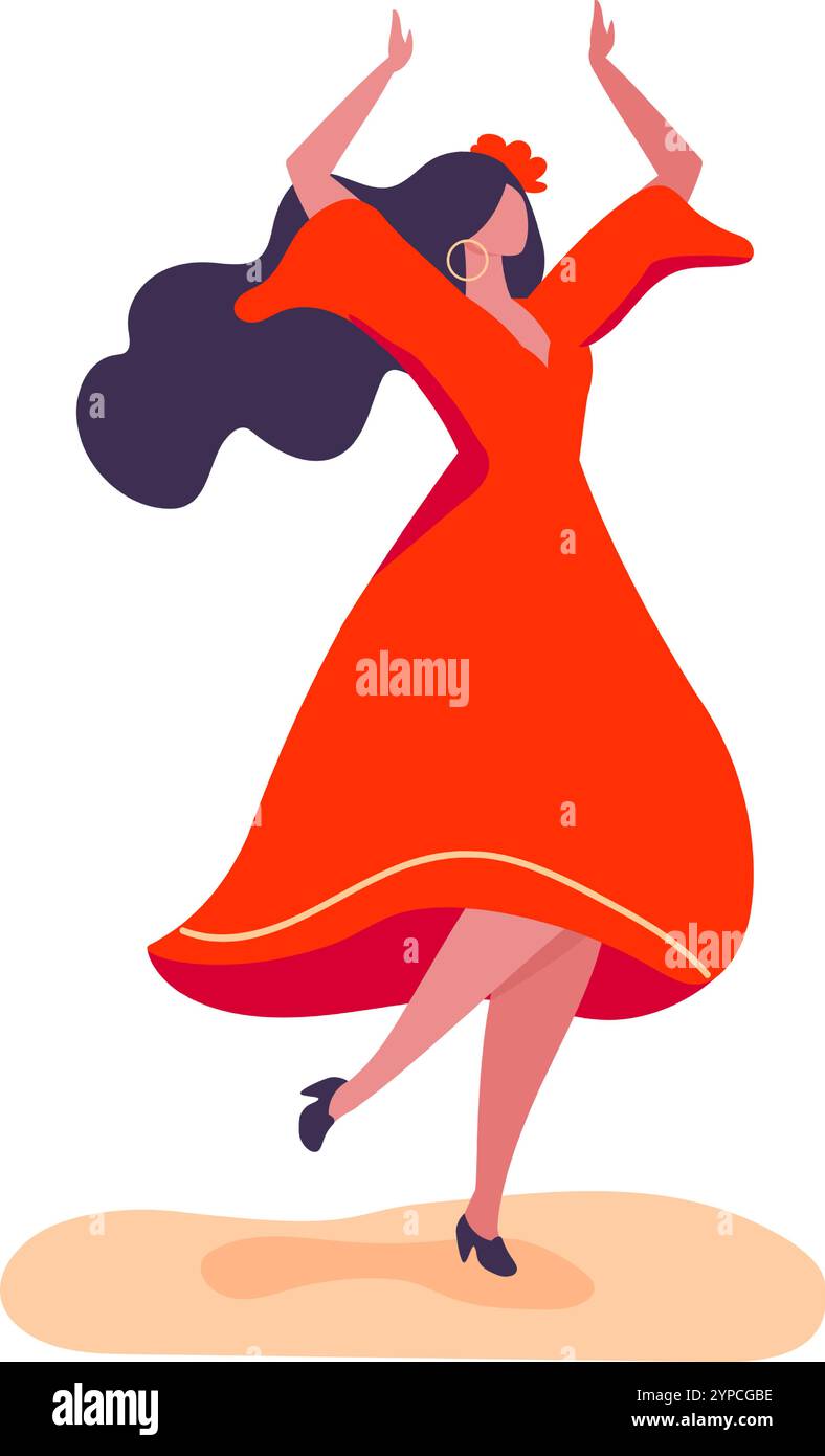Young woman with long dark hair dances flamenco in a vibrant red dress ...