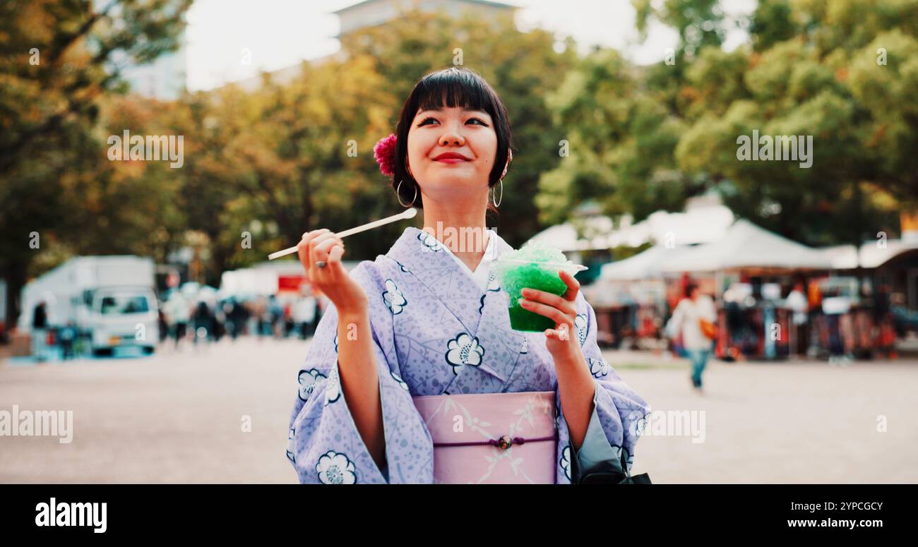 Slushie, vacation and Japanese woman in city with traditional kimono ...
