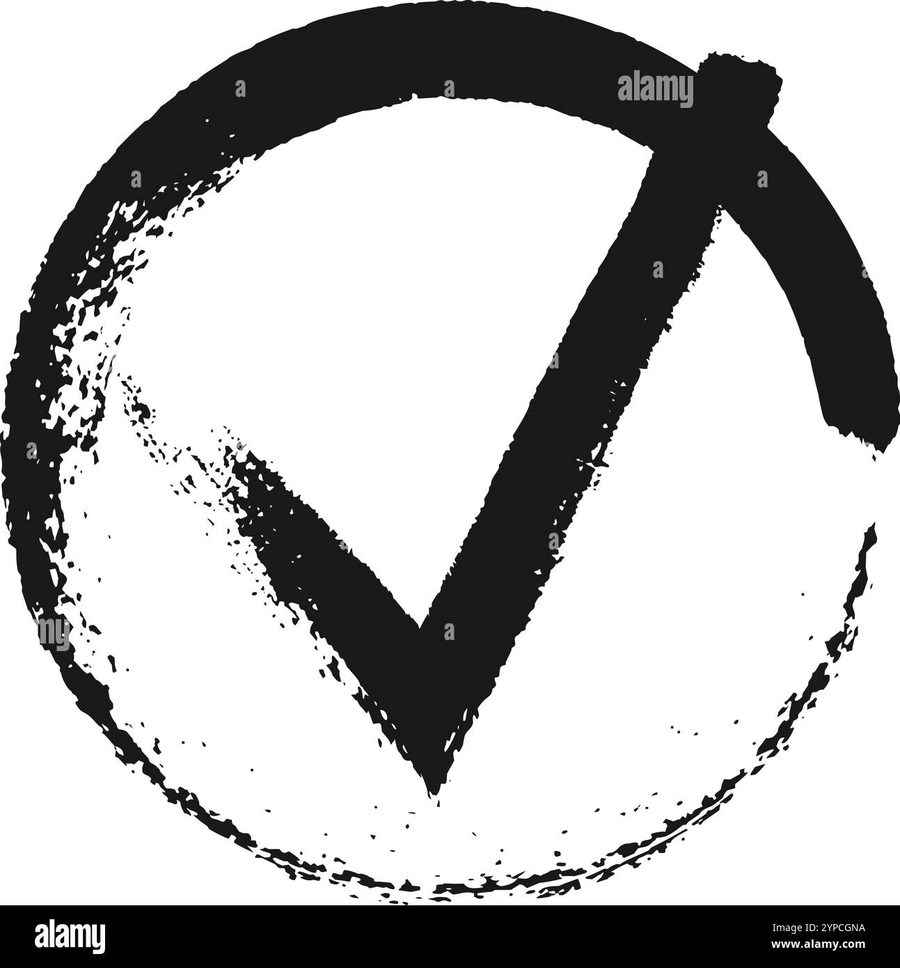 Hand drawn check mark symbol conveying approval, agreement, or verification, enclosed within a ...