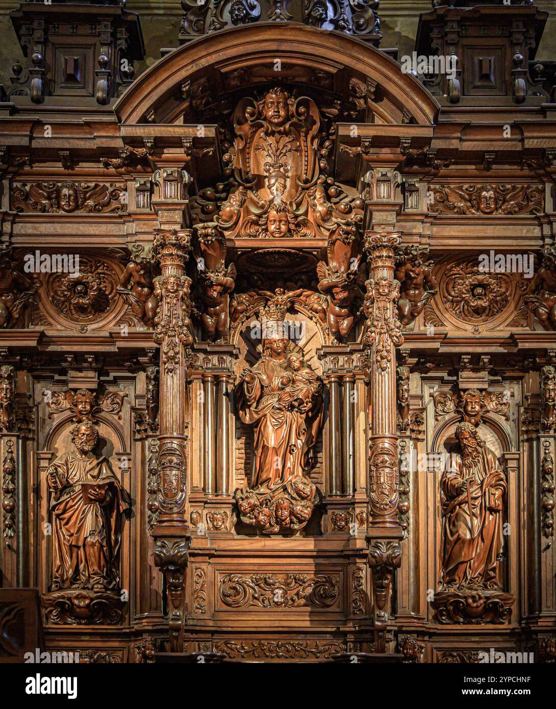 Details of a wooden sculpture of the Virgin Mary with the baby Jesus ...