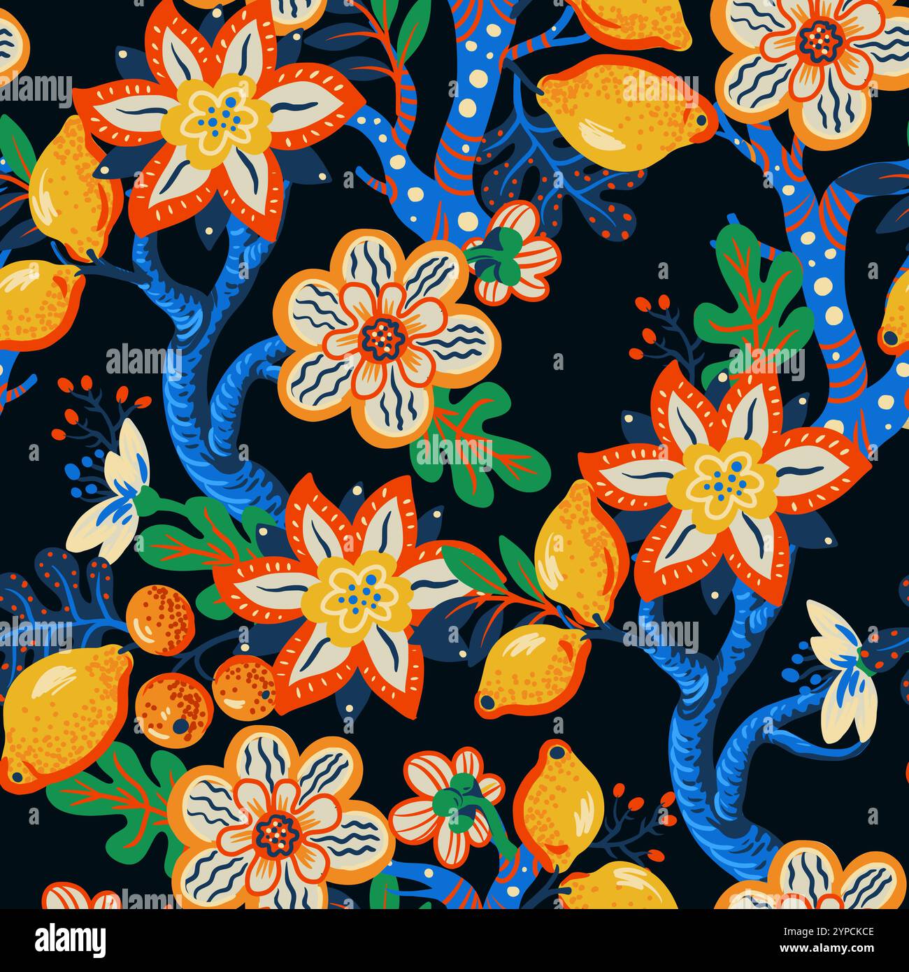 Seamless pattern with vivid simple flowers and lemons. Vector Stock Vector Image & Art - Alamy