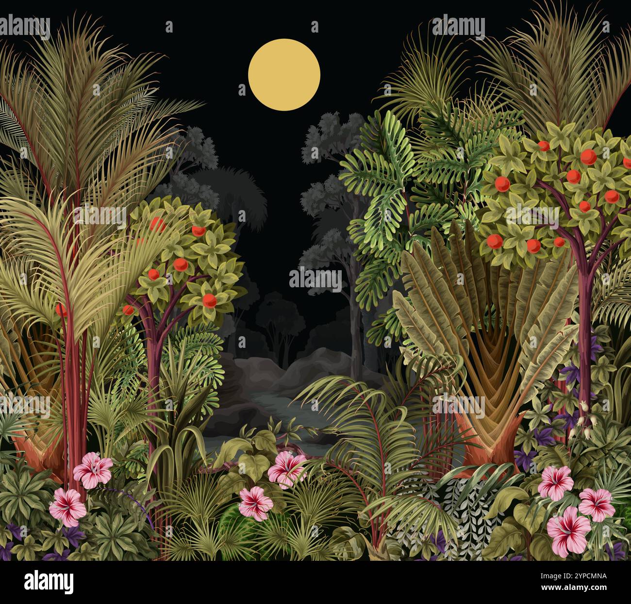 Jungle mural with different palm trees. Tropical vector Stock Vector ...