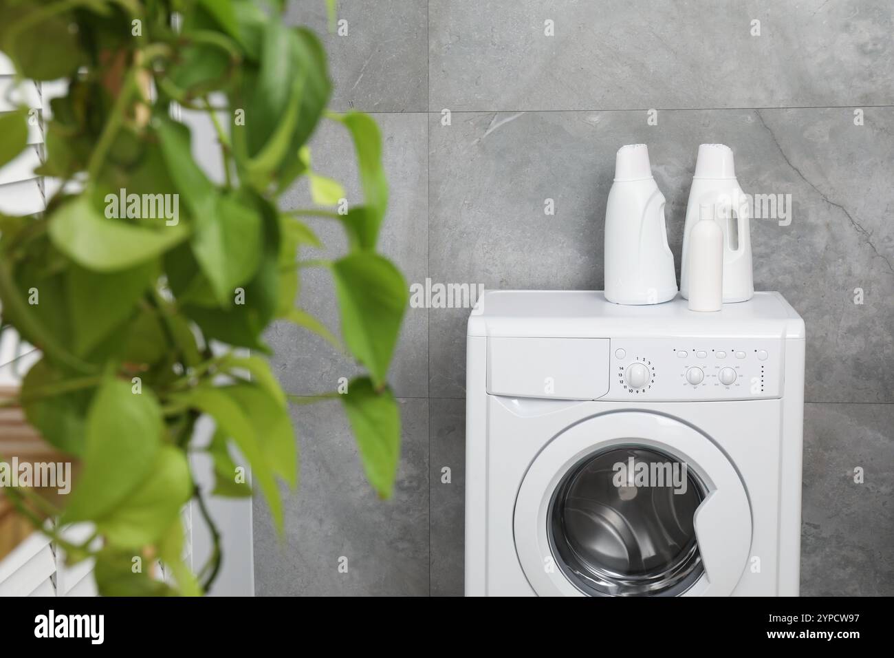 Different laundry detergents in bottles on washing machine indoors ...