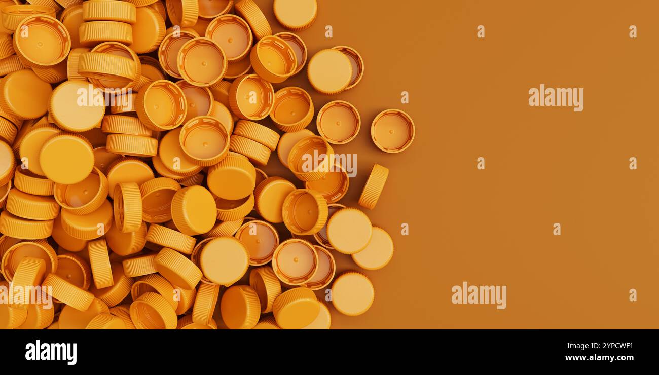 Top view on a pile of orange plastic bottle caps on orange background ...