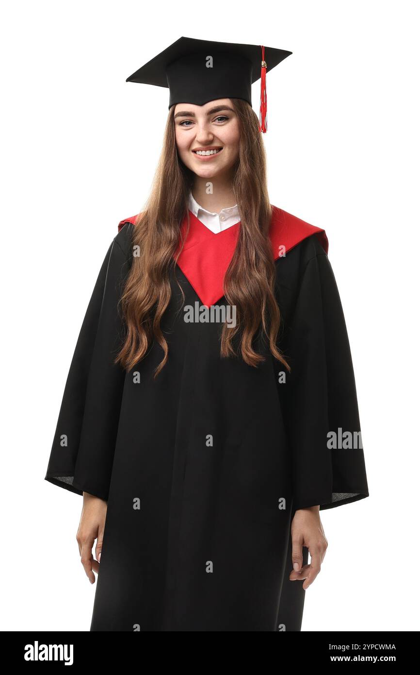 Happy student after graduation on white background Stock Photo - Alamy