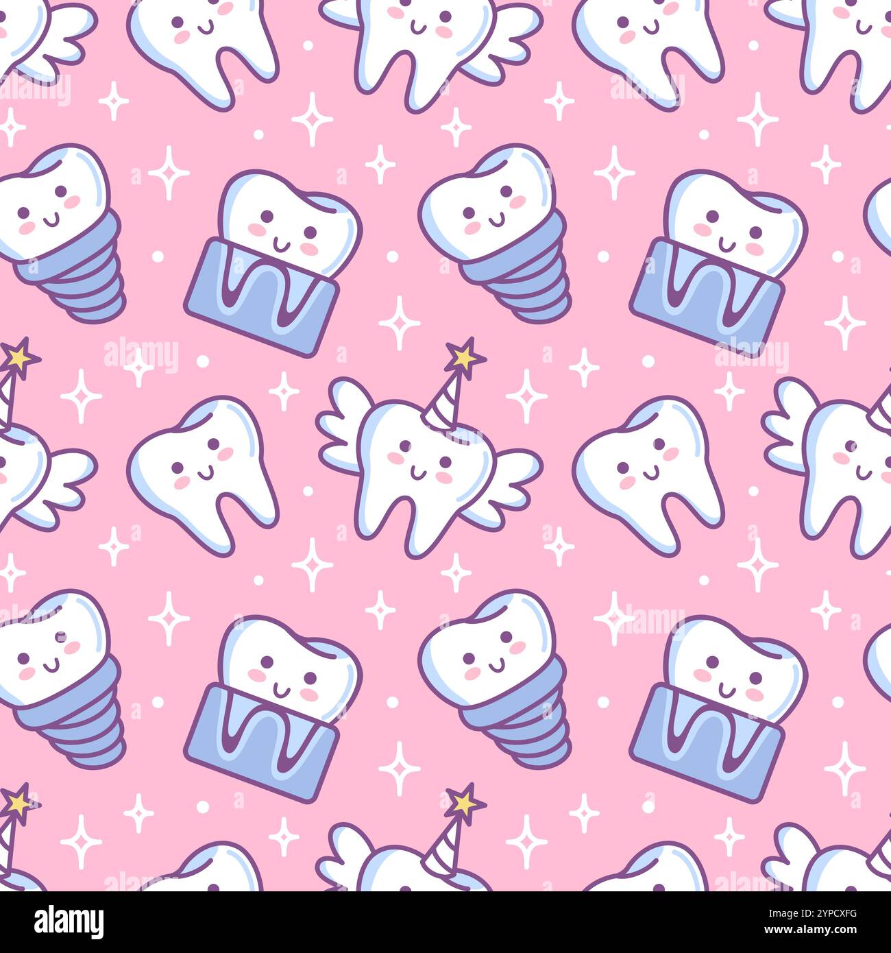 Tooth fairy, x-ray, implant. seamless pattern. Cute cartoon characters ...