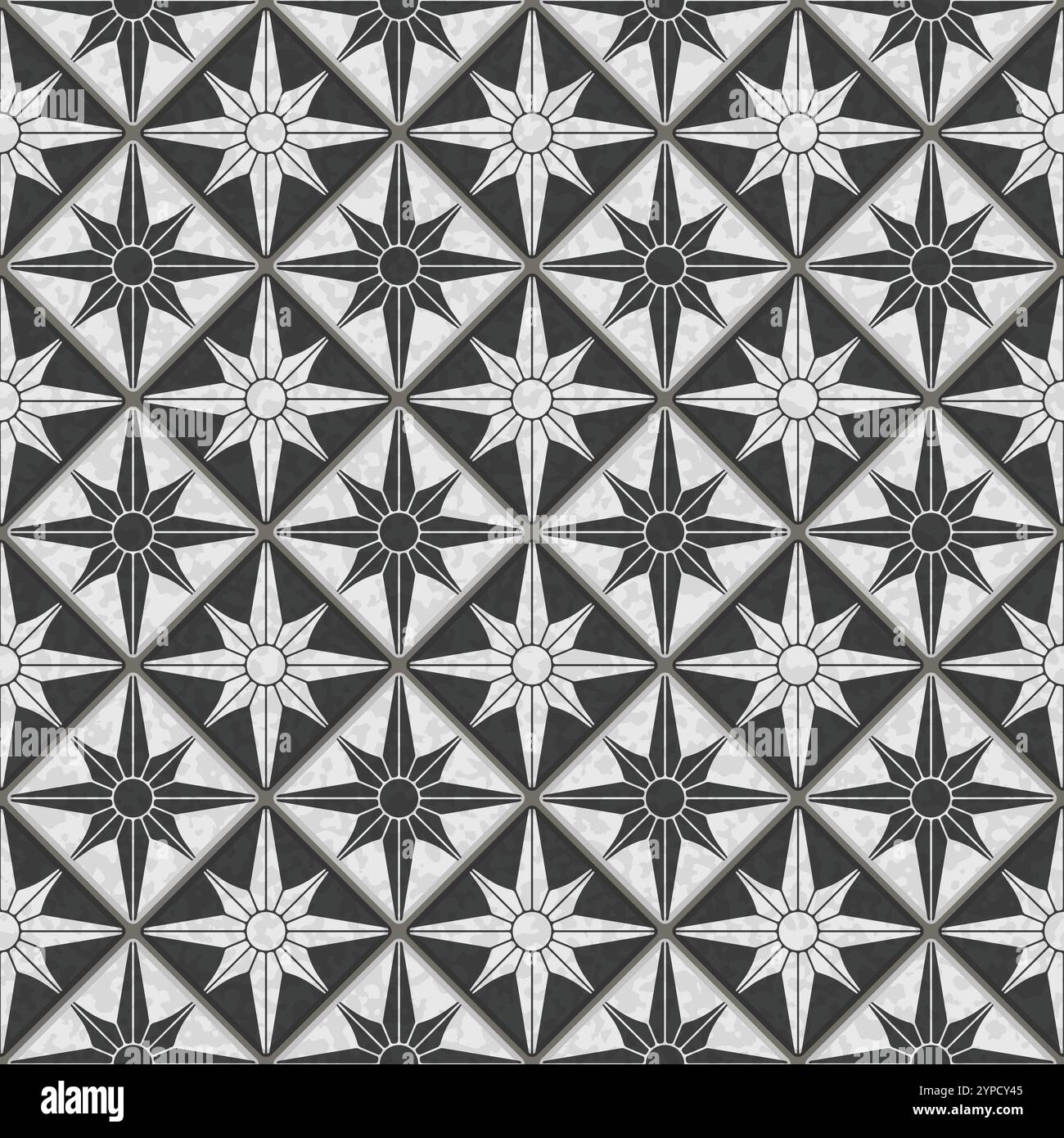 Black and white tile floor made of square tiles with stars, seamless ...