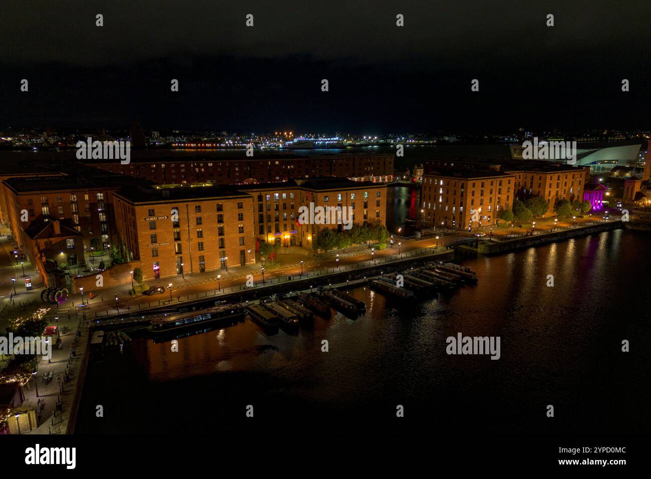 Night time aerial view of Royal Albert Dock, Liverpool, England Stock ...