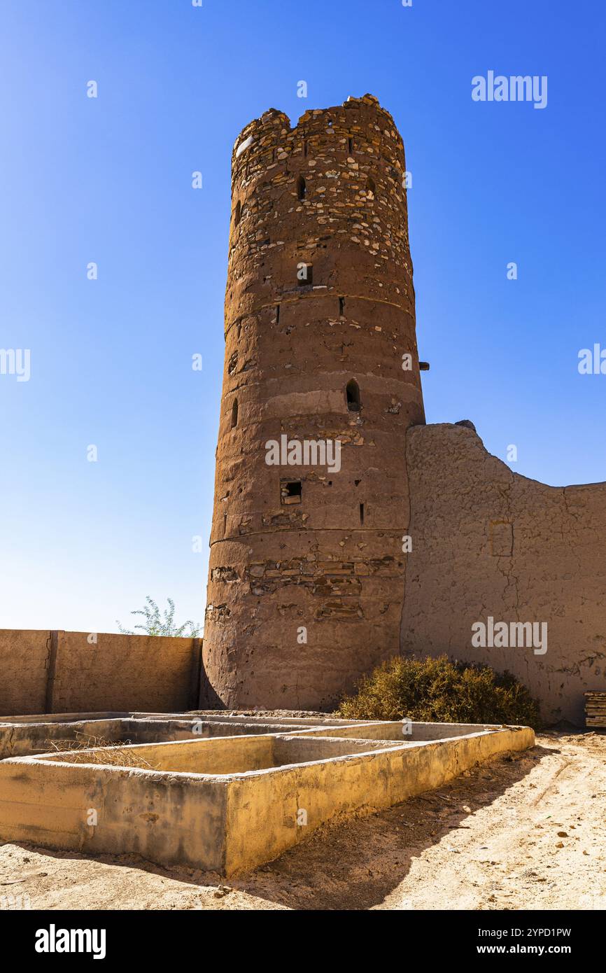 Remains of a former tower in the largest preserved mud town in Oman, Al ...