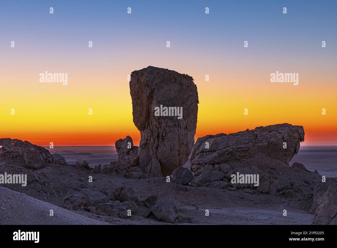 Striking rock formation in the Huqf stone desert at sunrise, Arabian ...