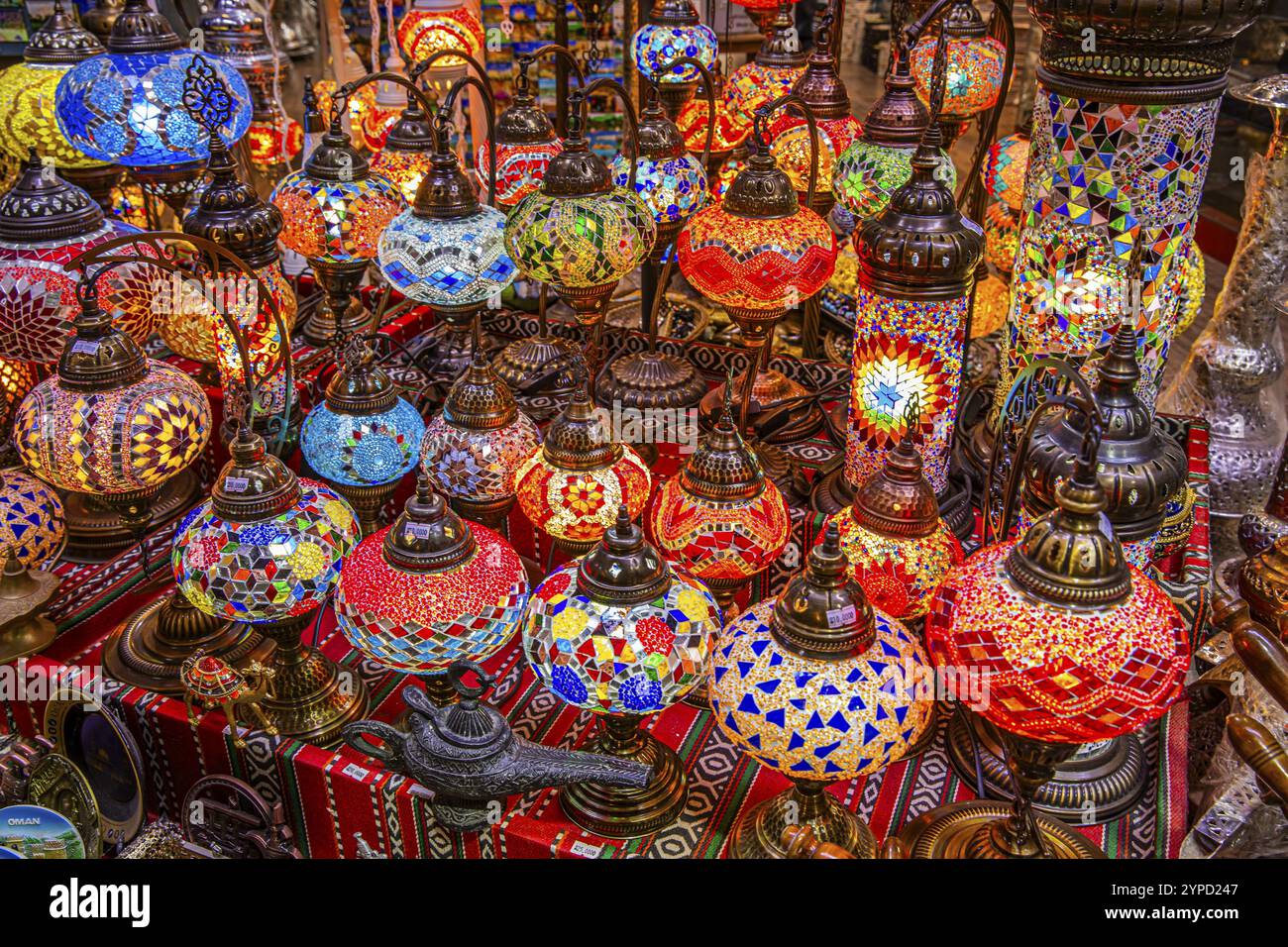 Colourful glass lamps in the souk of Mutrah, Muscat, Arabian Peninsula ...