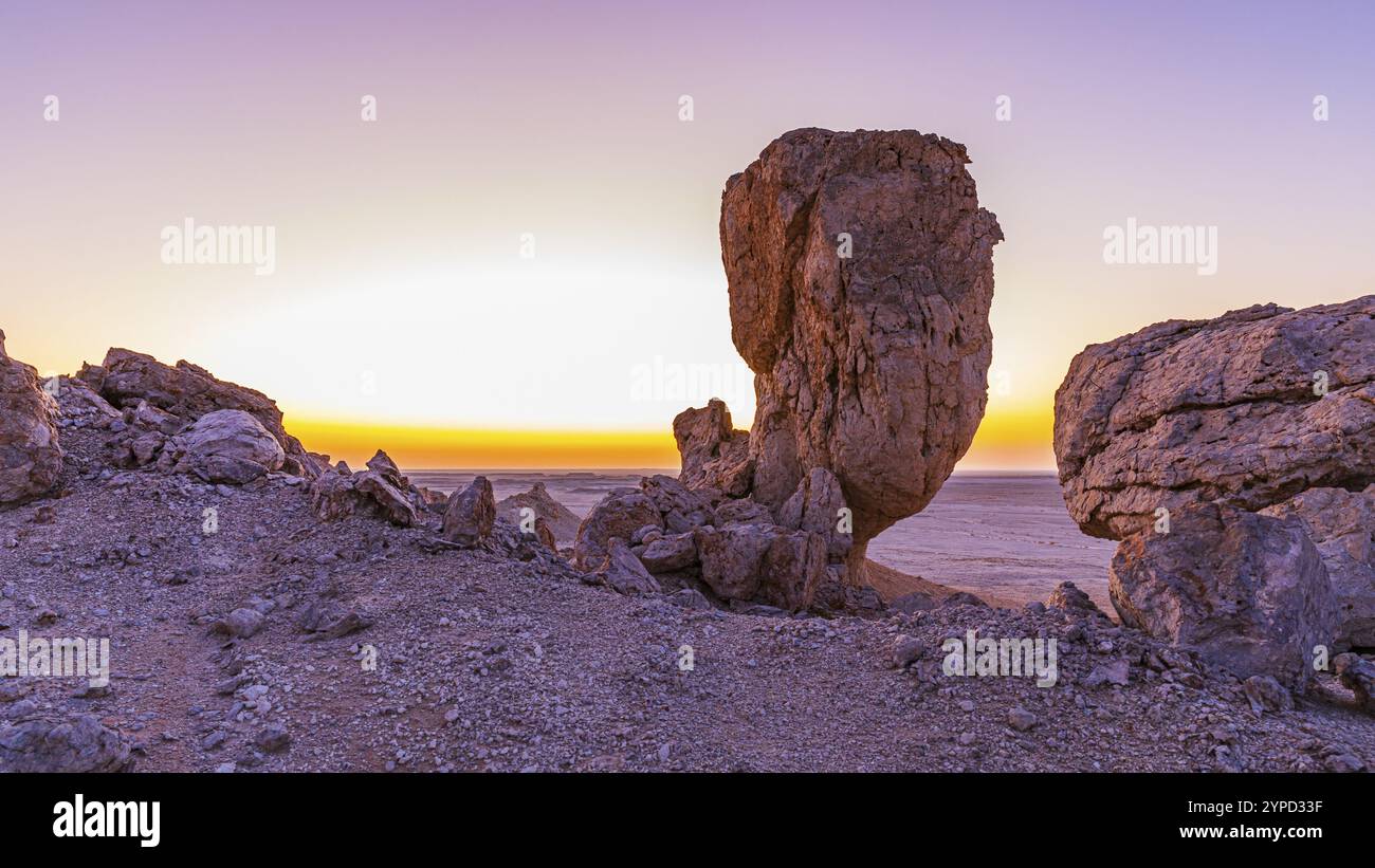 Striking rock formation in the Huqf stone desert at sunrise, Arabian ...