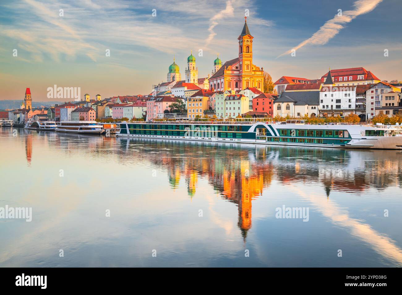 Passau, Germany. St. Stephan's Basilica and Danube River, waterfront ...